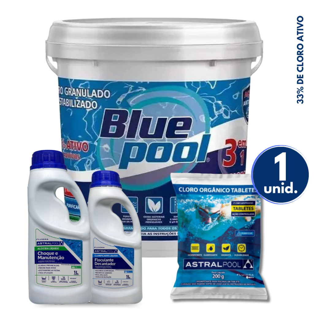 Kit Cloro Blue Pool Balde 10KG By Fluidra + 01 Tablete de Cloro 200g e ...