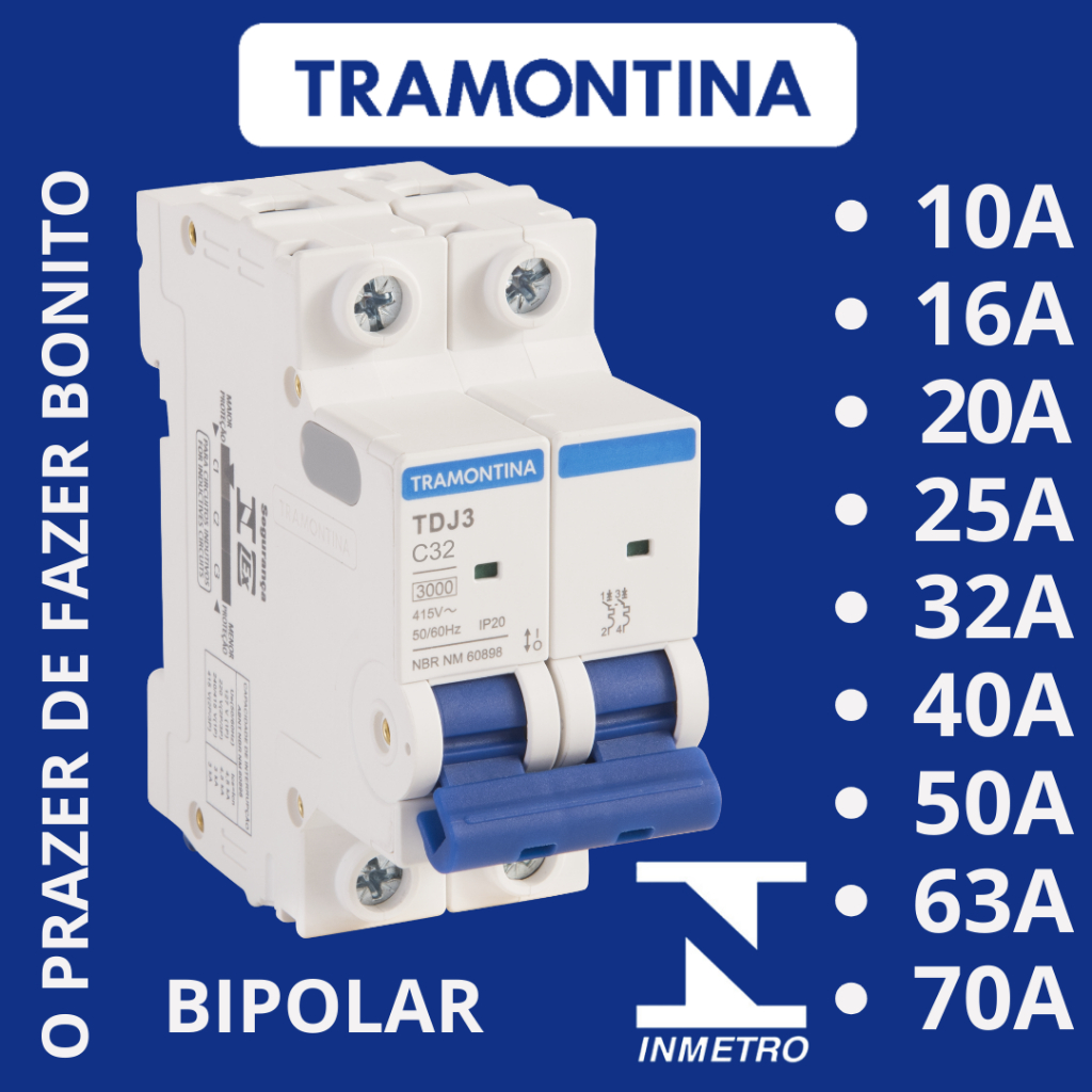 Disjuntor Bifasico BIPOLAR DIN Dois Polos Tramontina 10A a 70A Curva C | Shopee Brasil