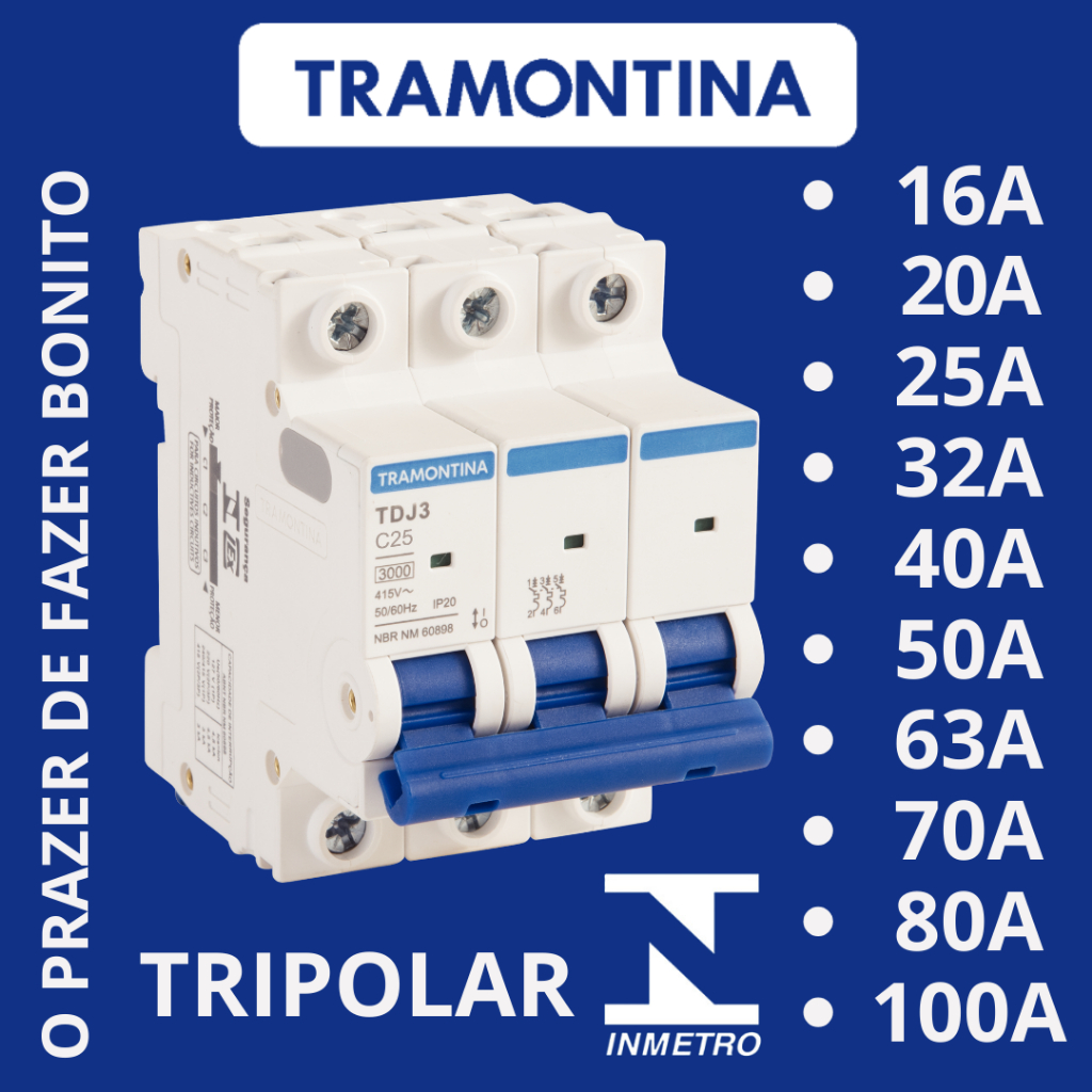 Disjuntor Triifásico TRIPOLAR DIN Tramontina 16A a 100A Curva C | Shopee Brasil