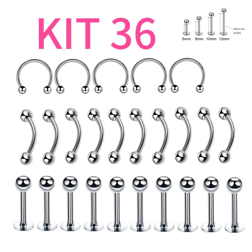 Kit 36 Piercings / Piercing ferradura, Septo, labret microbell curvo em ...