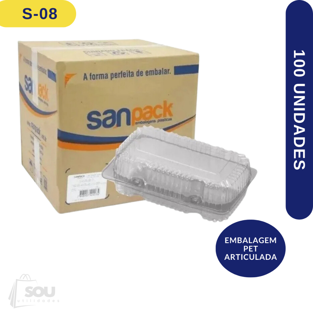 Embalagem PET Retangular Articulada Sanpack S08 CAIXA com 100 / BR 08 ...