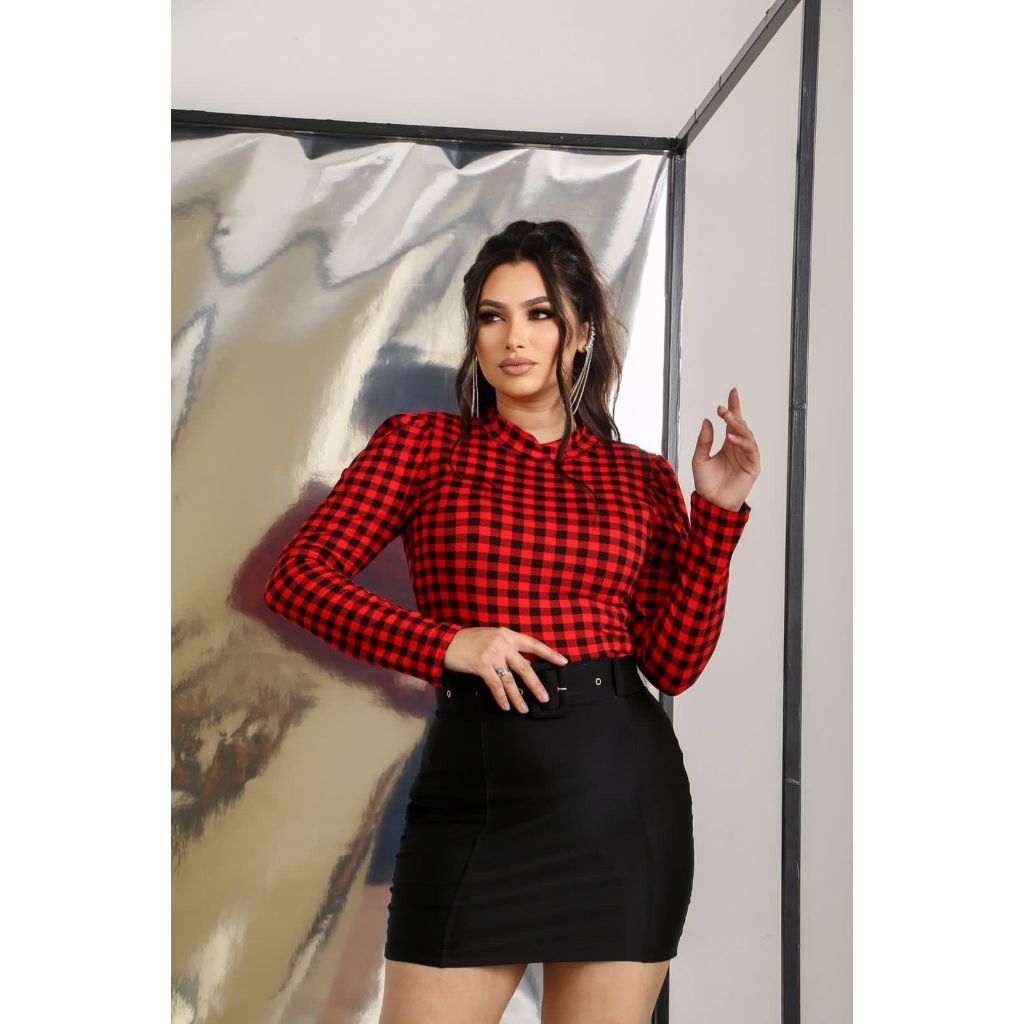 Blusa Feminina Xadrez elegante Blusa de Frio de manga longa e gola alta quadriculada | Shopee Brasil