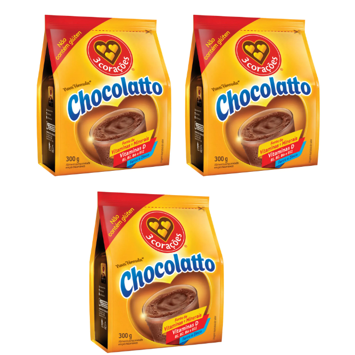 Achocolatado em Pó 3 Corações Chocolatto kit 3 pacotes 300g | Shopee Brasil