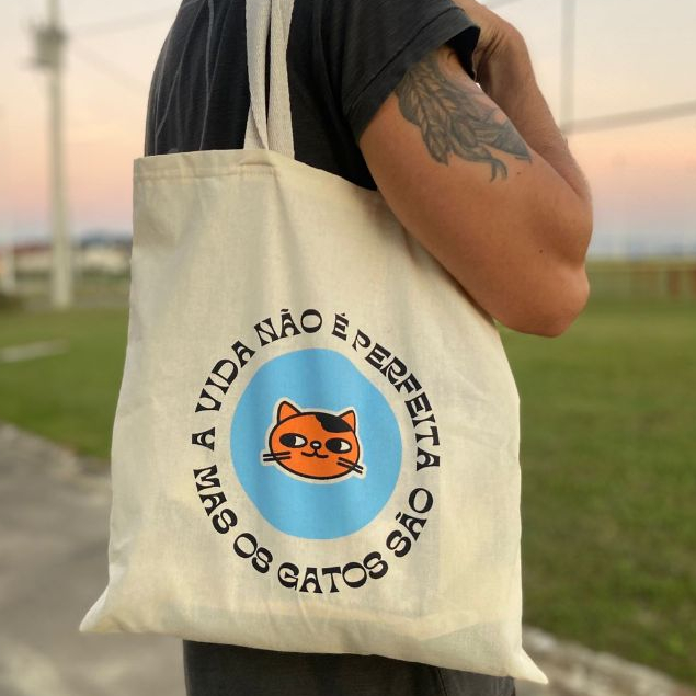 Ecobag 100% algodão estampa dupla face gato e cachorro perfeito | Shopee Brasil