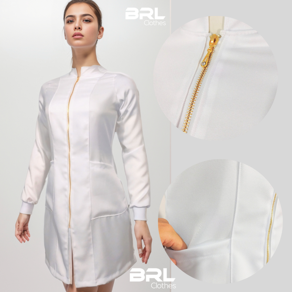 Jaleco Feminino Branco com Zíper Dourado, Elástico Punho, Gola Padre ...
