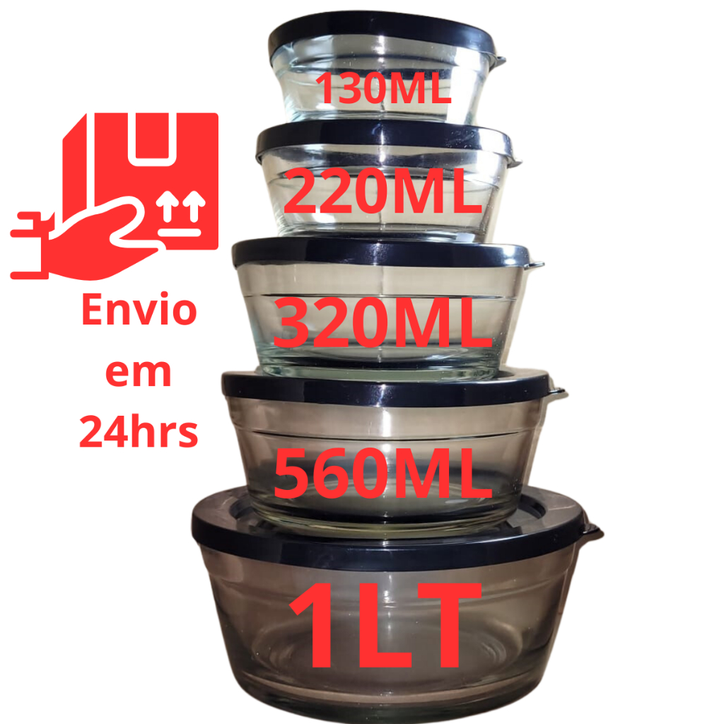 kit 5 pote vasilha de vidro tigela hermético com tampa potes redondo ...