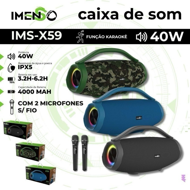 Imenso IMS-X59 Caixa de Som 40W Luzes RGB Com 2 Microfones | Shopee Brasil