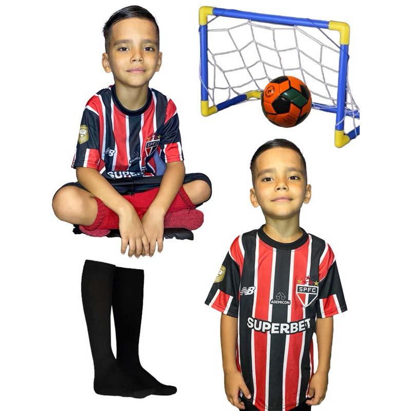 KIT CONJUNTO UNIFORME DO SÃO PAULO LISTRADO + MEIÃO + BOLA + GOLZINHO ...