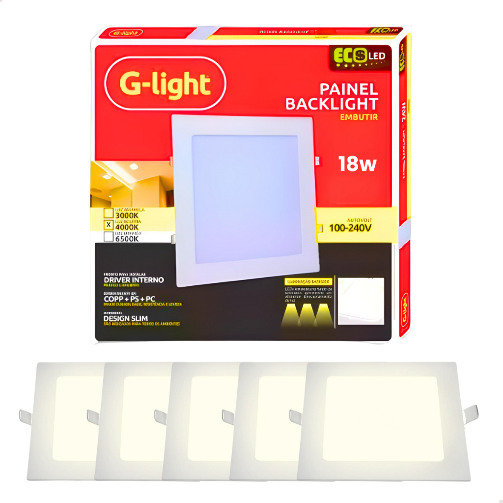 Kit 5 Painel Plafon Led 18w 22x22 Embutir Quadrado 3000K 4000K 6500K | Shopee Brasil
