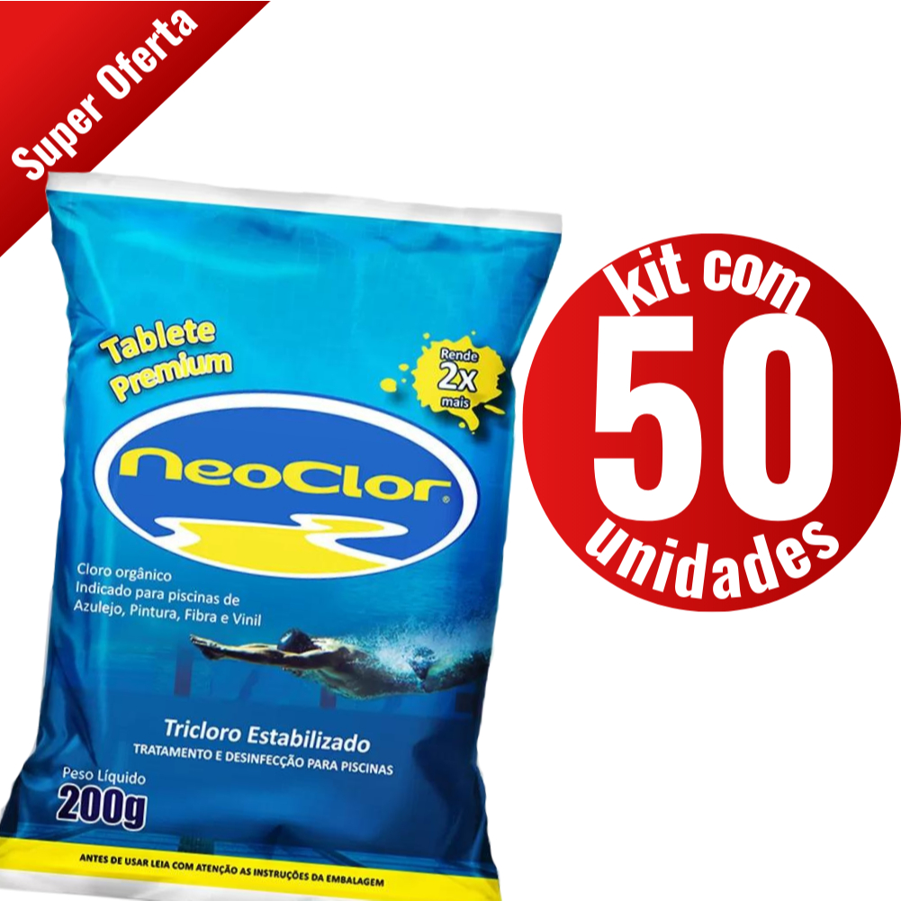Kit com 50 Pastilhas de Cloro Neoclor Tablete Premium 200g | Shopee Brasil