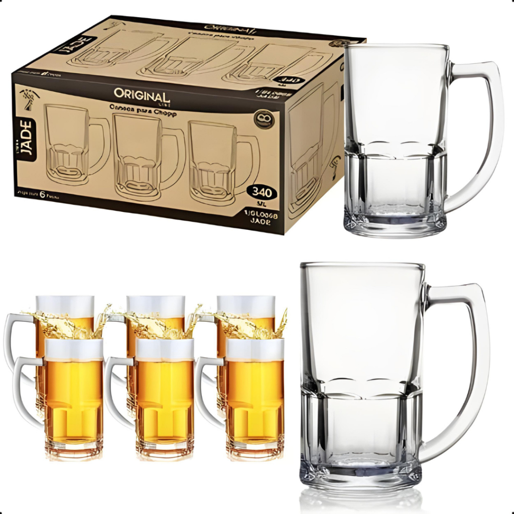 Jogo De Caneca De Chopp De Vidro Linha Jade Premium 340ml Original | Shopee Brasil