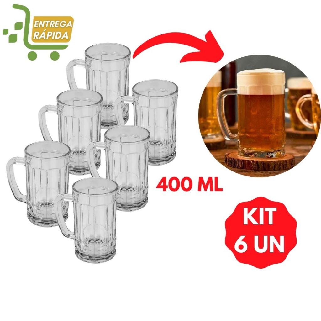 Kit 6 Canecas de Chopp Cerveja 400ml Vidro - Faz a Boa!