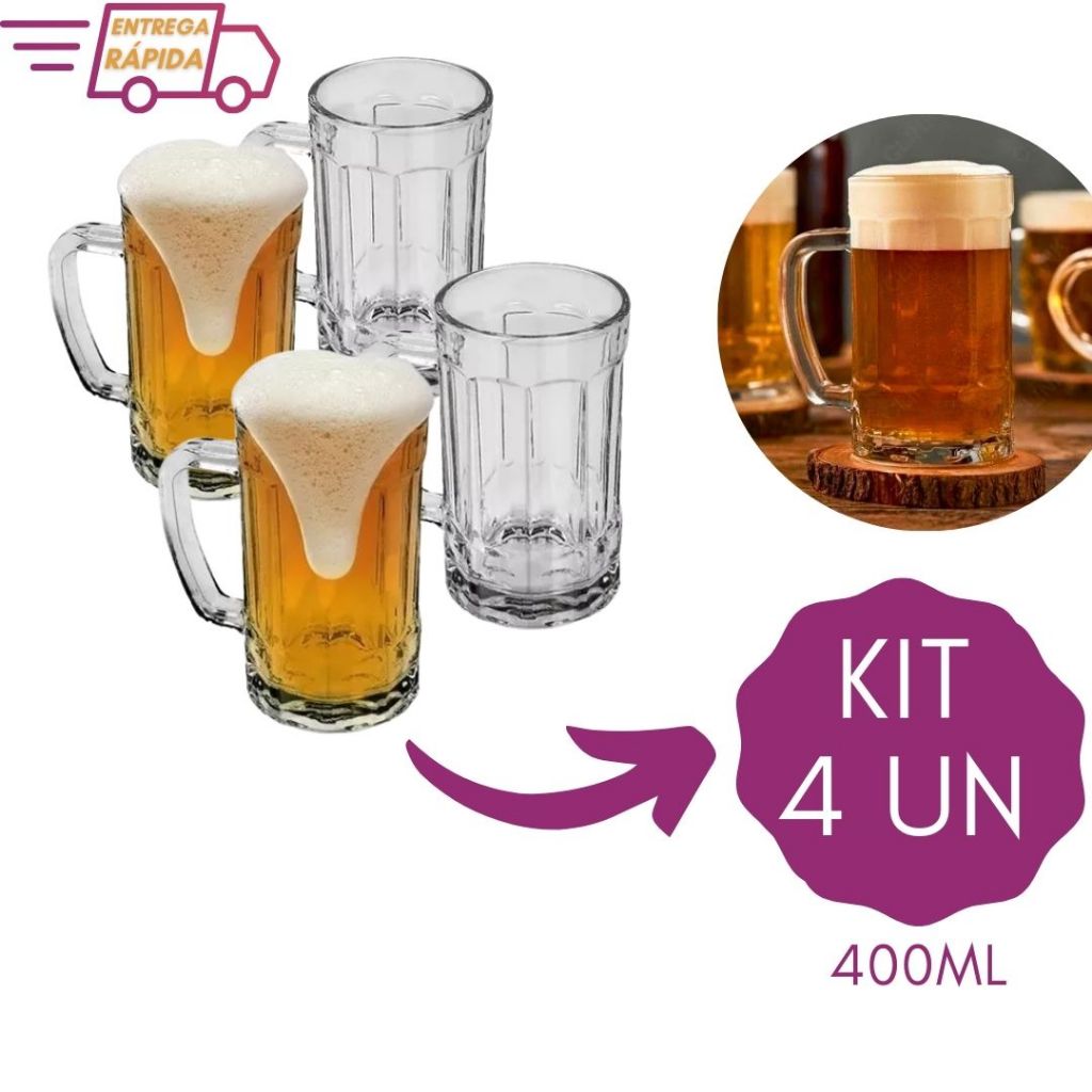 Kit 4 Canecas de Chopp Cerveja 400ml Vidro | Shopee Brasil