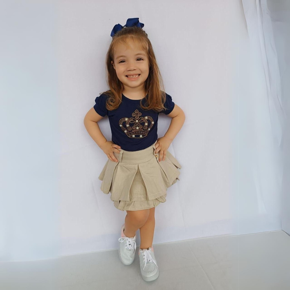 Conjunto Leleli Blusinha Pedraria e Saia com Regulador na Cintura para ...