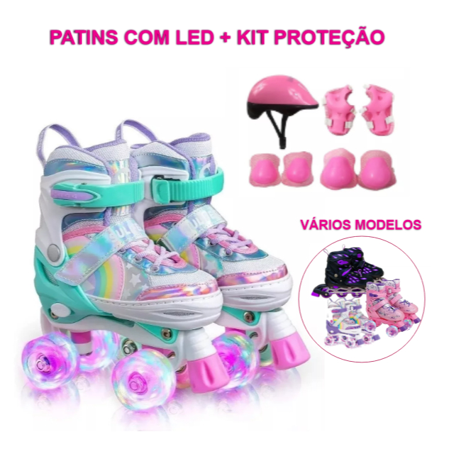 Patins Infantil Menina Rosa 4 Rodas Arco Iris Led Colorido Tamanho ...