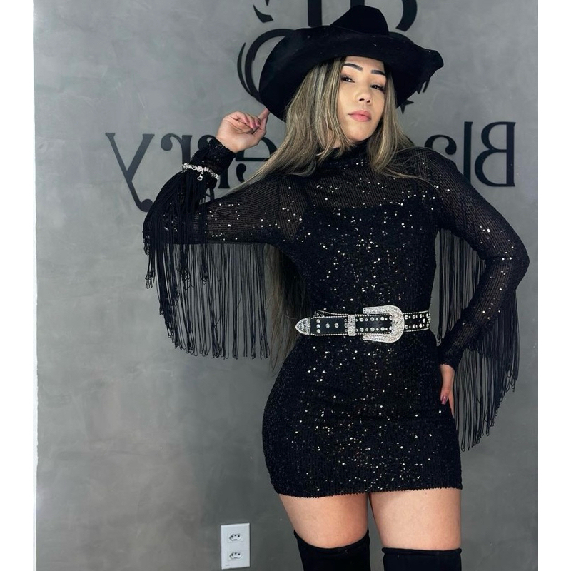 Vestido Feminino Com Franjas Paetê Manga Longa Moda Country Cowgirl ...