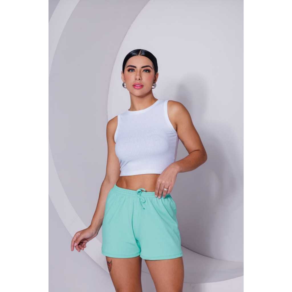 Short Feminino Canelado Preto Verde Agua | Shopee Brasil