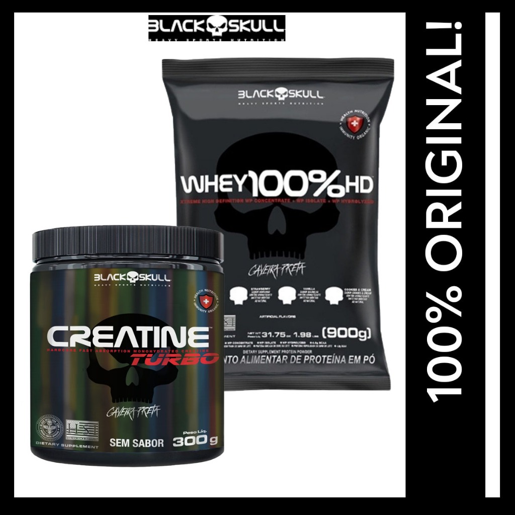 Kit 1x Whey 100%Hd Refil (iso) 900g e 1 x Creatina Turbo 300g BlackSkull | Shopee Brasil