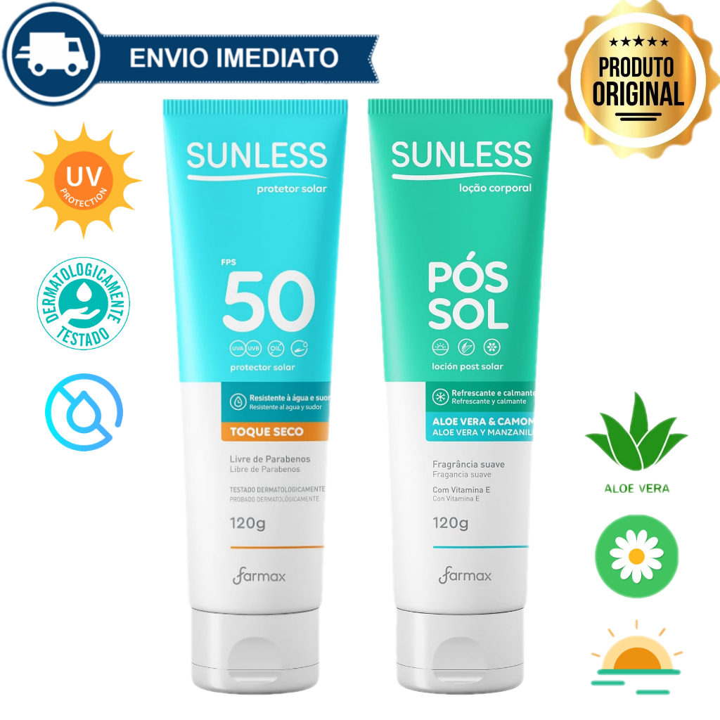 Kit Protetor Solar Toque Seco FPS50 120g Sunless + Loção Pós-Sol Aloe ...