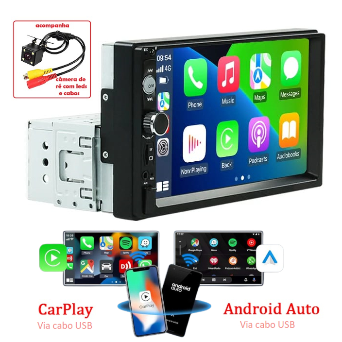 Central Multimídia CarPlay e Android Auto, 1Din, Bluetooth, e Espelhamento MAPS, Waze + Câmera ...
