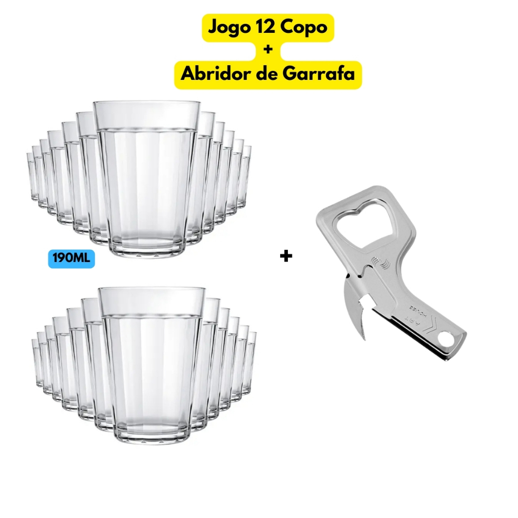 Jogo Kit 12 Copos 190ML Americano Vidro+Abridor de Lata Garrafa ...