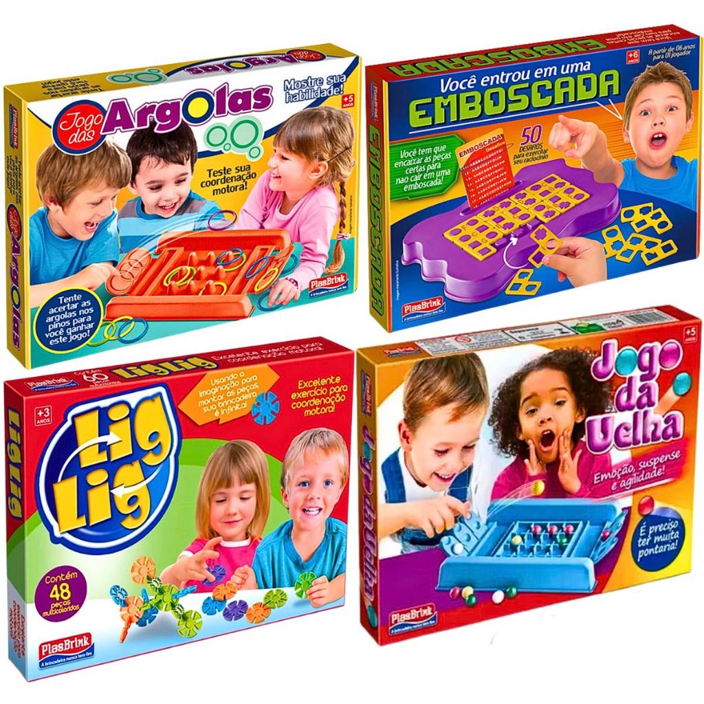 Kit 4 Jogos Infantil Pedagógicos Argolas Lig Lig Emboscada Jogo da Velha Brinquedos Escolar ...