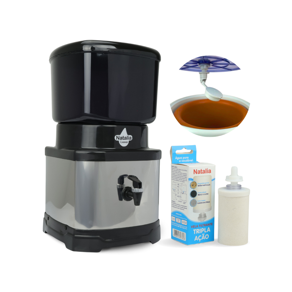 Filtro de Água com cuba de barro Natalia inox com vela TRIPLA AÇÃO ...