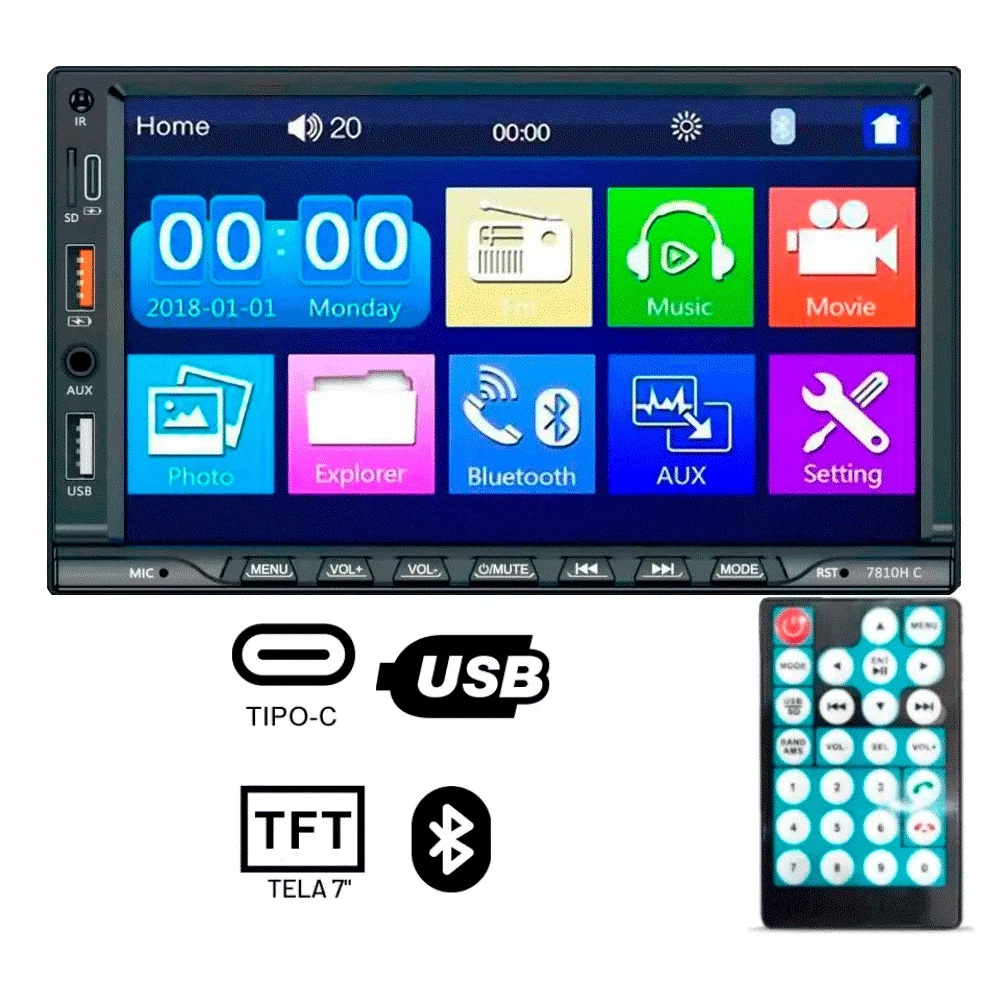 Central Multimídia USB Tipo-C Universal 2 Din Bluetooth Espelha Android & Leitor Cartão SD ...