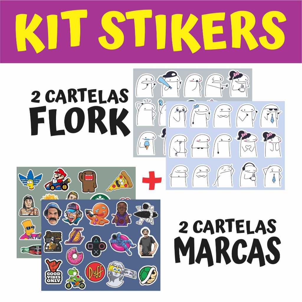 4 CARTELAS Adesivo Vinil STICKERS FLORK + MRCAS para colar Skate, Moto ...