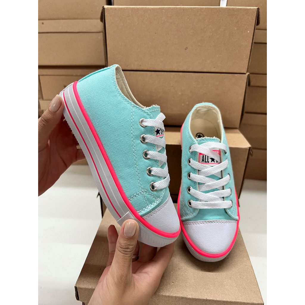 Tenis All Star Cano baixo infantil All Star Infantil Verde Agua Rosa ...