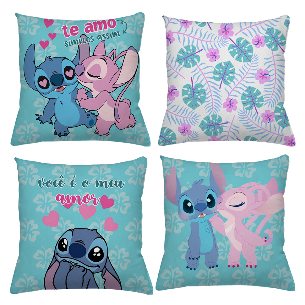 KIT 4 CAPAS DE ALMOFADAS DECORATIVAS, STITCH, ANGEL, LOVE, TE AMO, MEU ...
