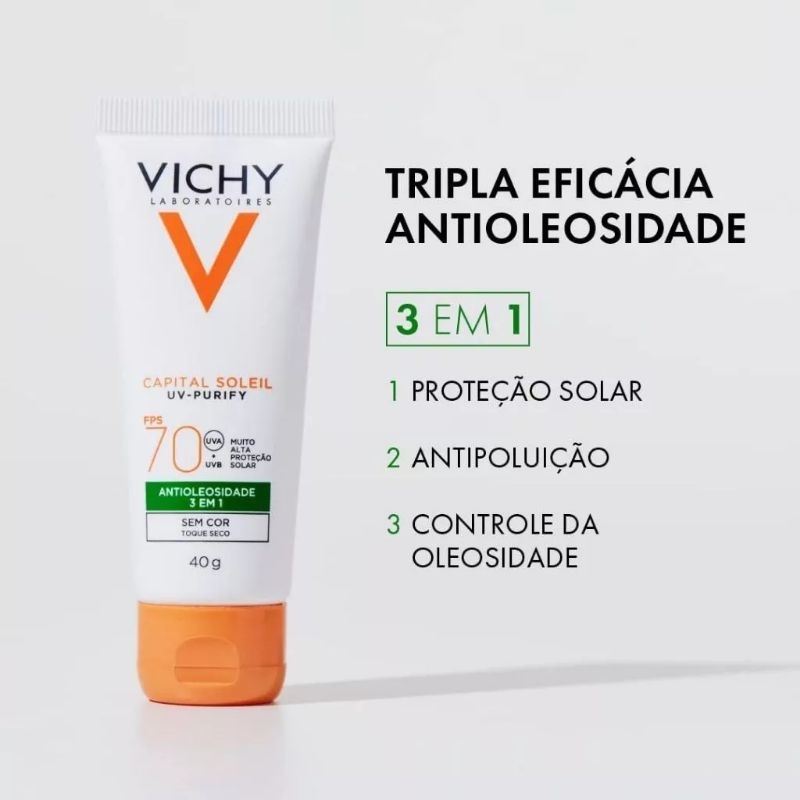 Vichy UV-Purify 3 em 1 Fps70 Sem Cor 40g original validade 06-2026 | Shopee Brasil