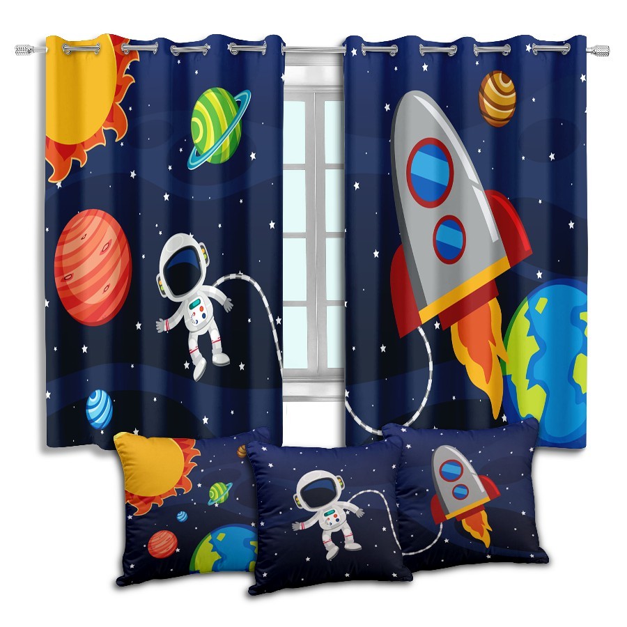 Cortina Avulsa Astronauta ou Kit Com Almofadas Decoração Para Quarto ...