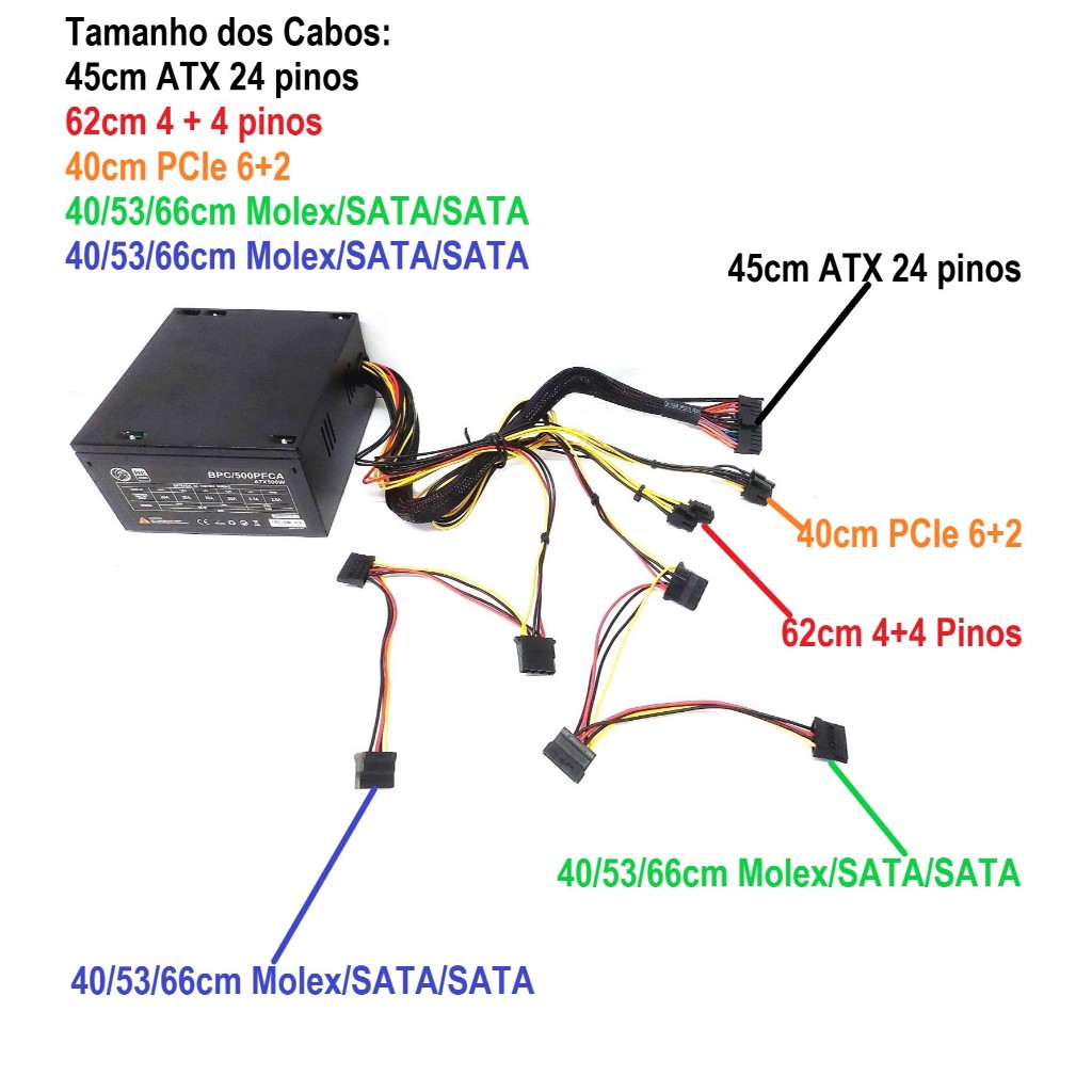Fonte 500w Real PFC Ativo BIVOLT AUTOMÁTICO BrazilPC Pci-e 8 Pinos 6+2 ...