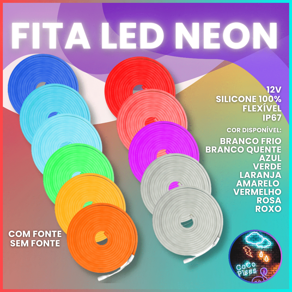 Fita Led Neon Alto Brilho 5m Corte 2,5cm Flexivel Siliconada 12v ...
