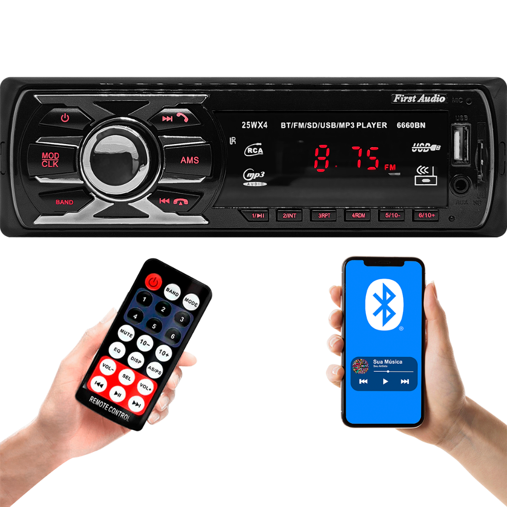 Rádio MP3 Player Som Automotivo Bluetooth First Option 6660BN 1 Din com Leitor de Cartão SD e ...