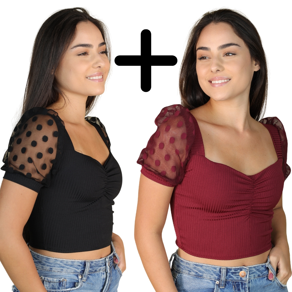 Kit 2 Cropped Feminino Canelado Manga Curta Croped Cropet Moda ...