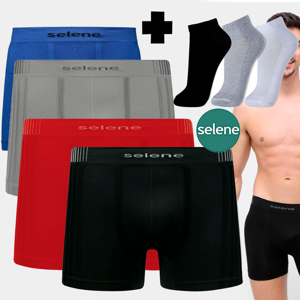 kit jogo 4 cuecas selene adulto box sem costura + 3 pares meias coeca ...