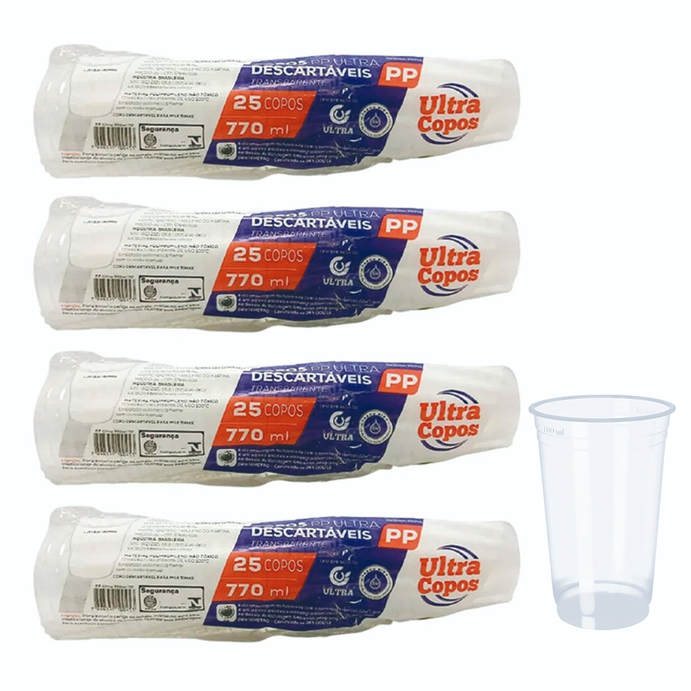 Copo 770ml Descartável Transparente Liso 100 unidades PP Ultra Copão Chopp, Refri, Vitamina ...