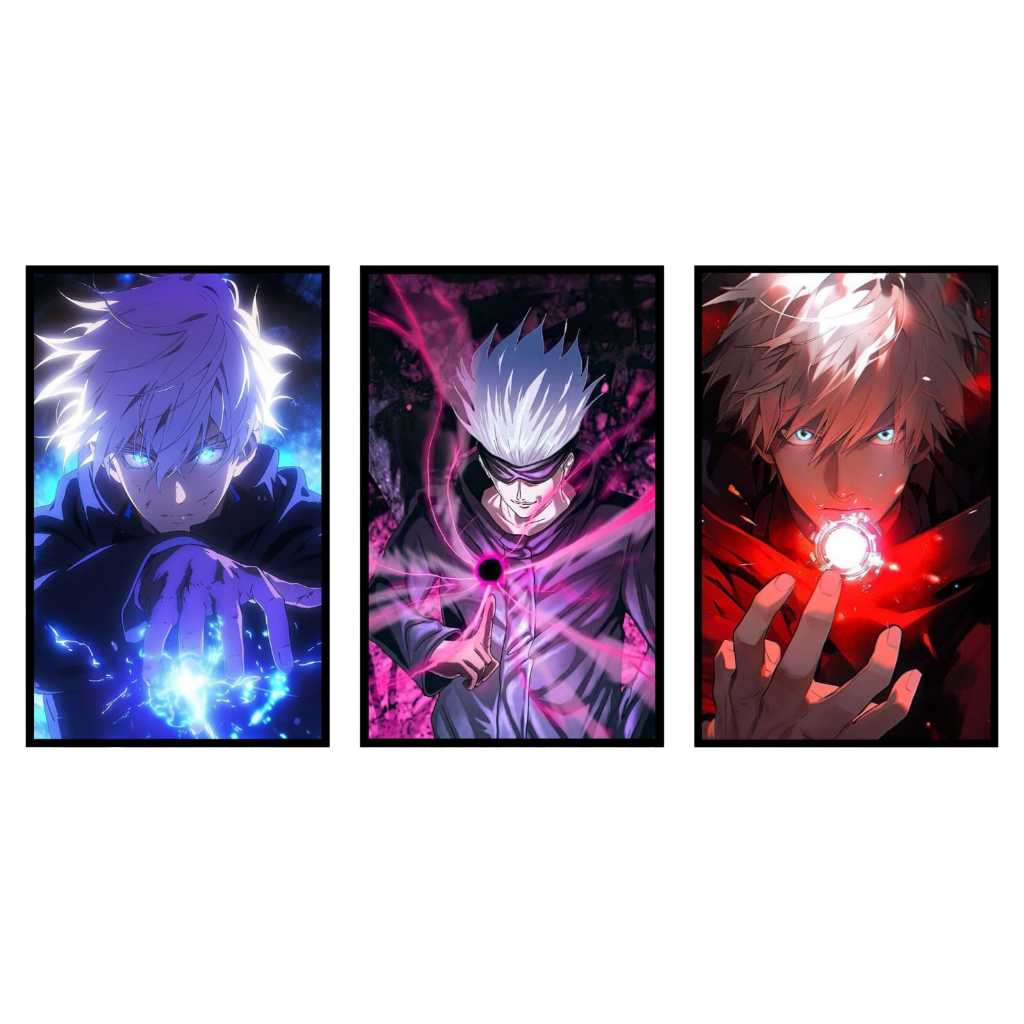 Quadro Decorativo 3 Peças Satoru gojo Jujutsu No Kaisen Vermelho Roxo ...