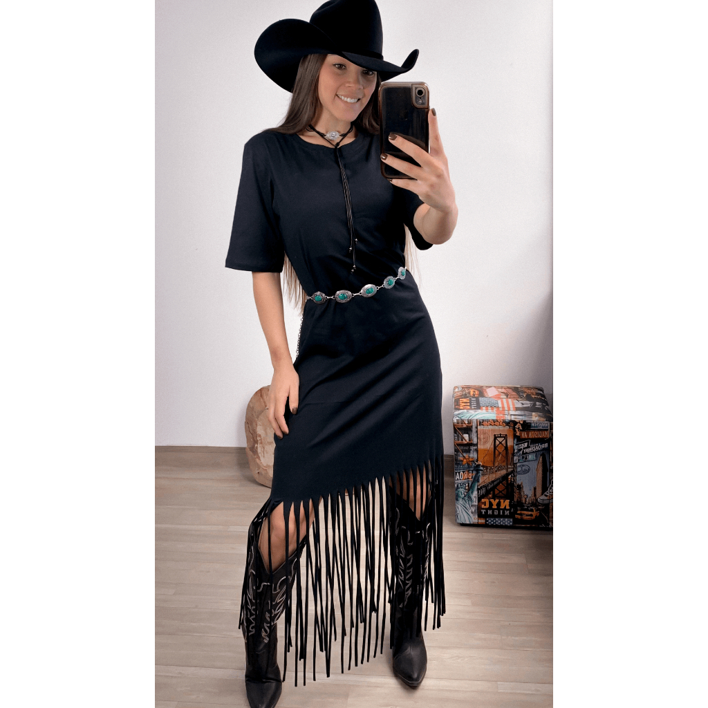 Vestido Country De Franjas em Algodão Com Franjas longo | Shopee Brasil