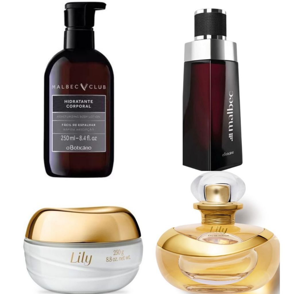 Kit 2 Creme Hidratante e 2 Perfumes Malbec e Lily 100ml e 250ml ...