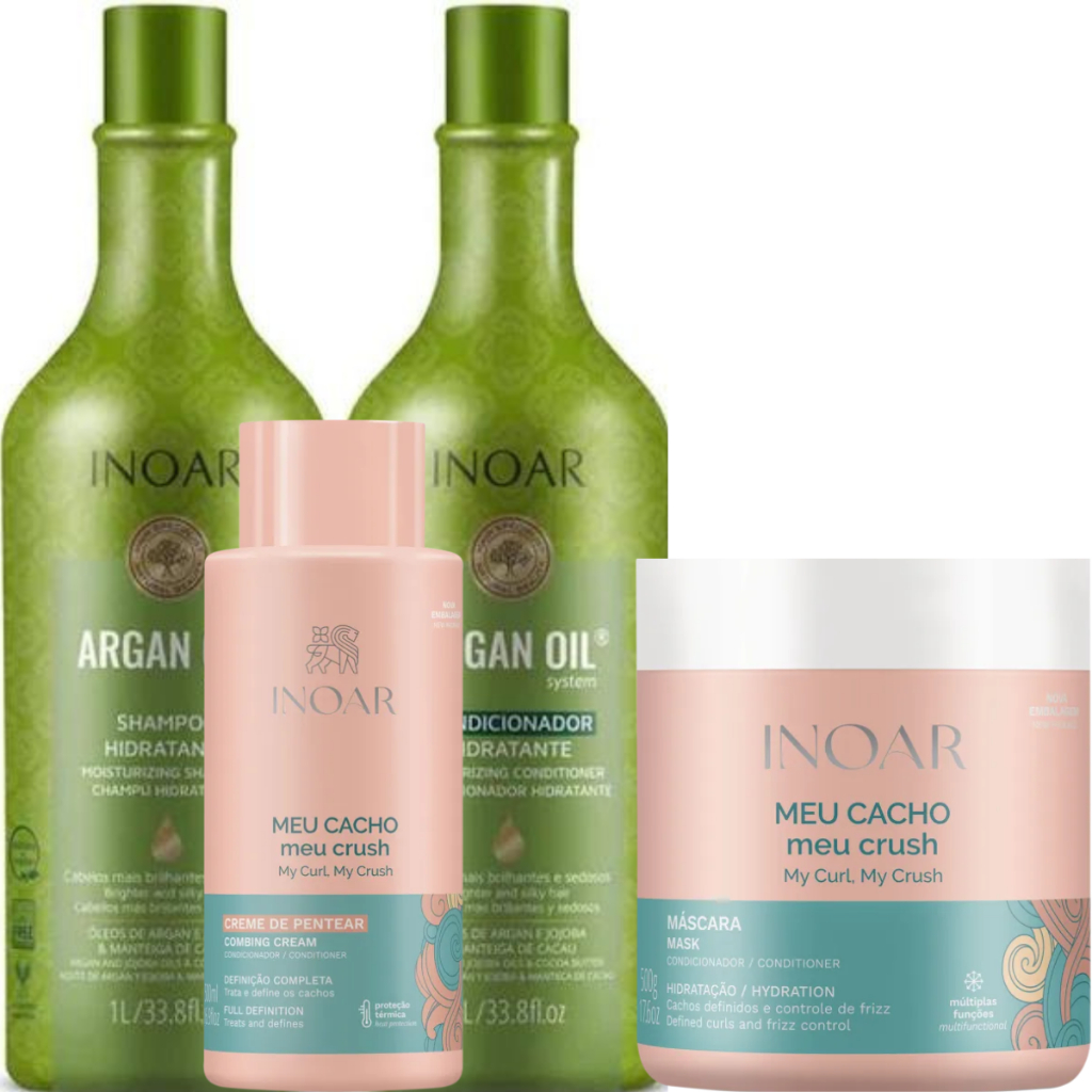 KIT INOAR ARGAN SH+COND2X1L+MÁSC500G+CREME DE PENTEAR500ML MEU CACHO MEU CRUSH | Shopee Brasil