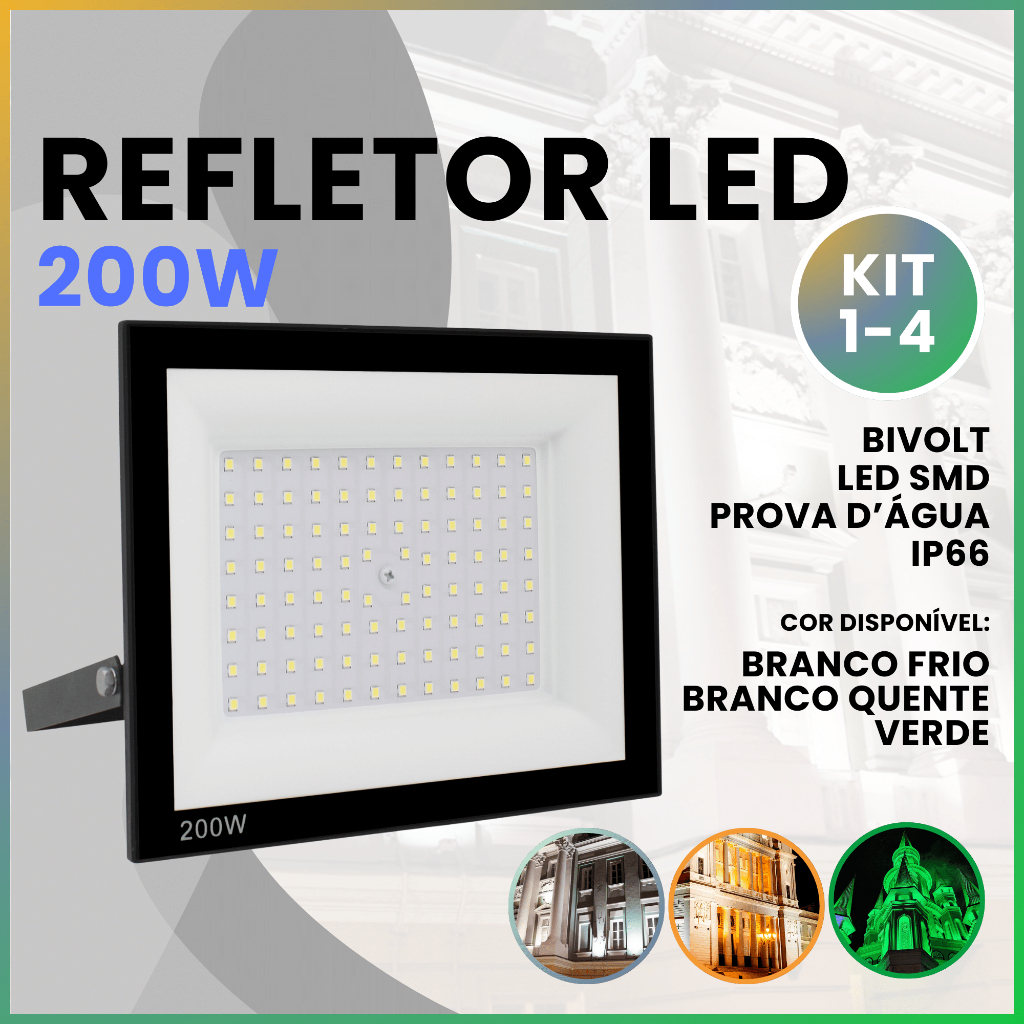 Kit Refletor Led Holofote 200w Ip66 Prova D'água Bivolt 110v 220v Luz Forte | Shopee Brasil