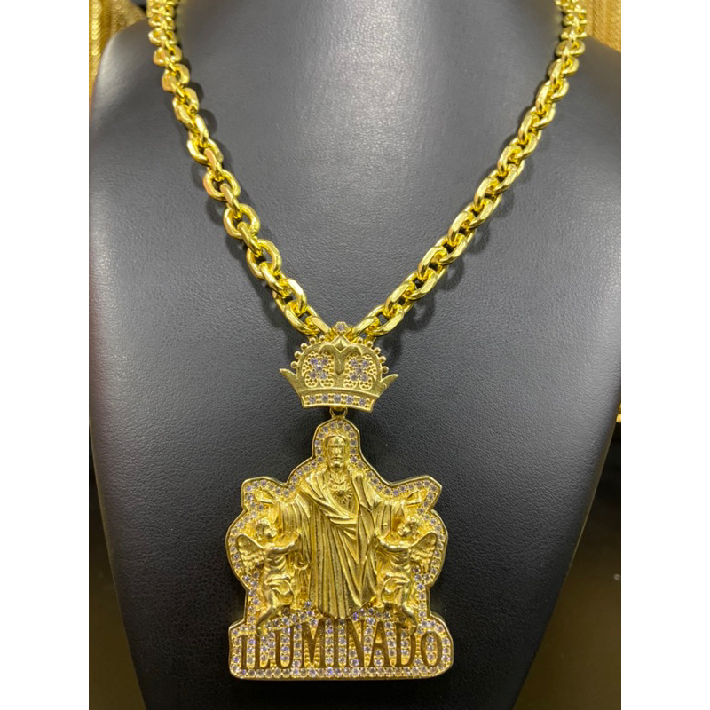 cordão corrente cadeado 8mm pingente Jesus iluminado 100% moeda antiga ...