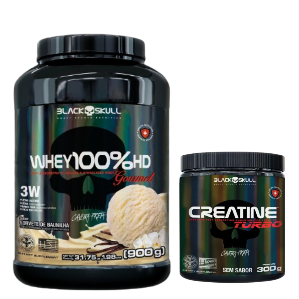Kit - 1x Whey 100%HD Gourmet 900g + 1x Creatina Turbo pote 300g Blackskull | Shopee Brasil