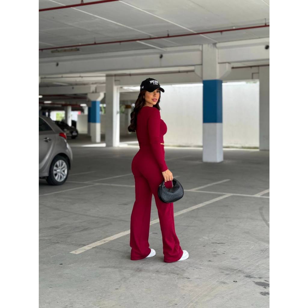 Conjunto WED BLusa Cropped Decote Manga Longa Calça | Shopee Brasil