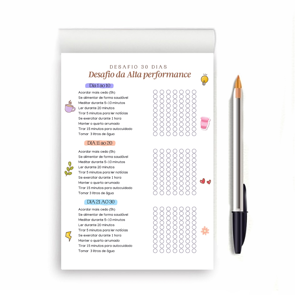 100 FOLHAS PLANNER DESAFIO 30 DIAS EM ALTA PERFORMANCE EM BLOCO DESTACÁVEL A5 14X21CM | Shopee ...