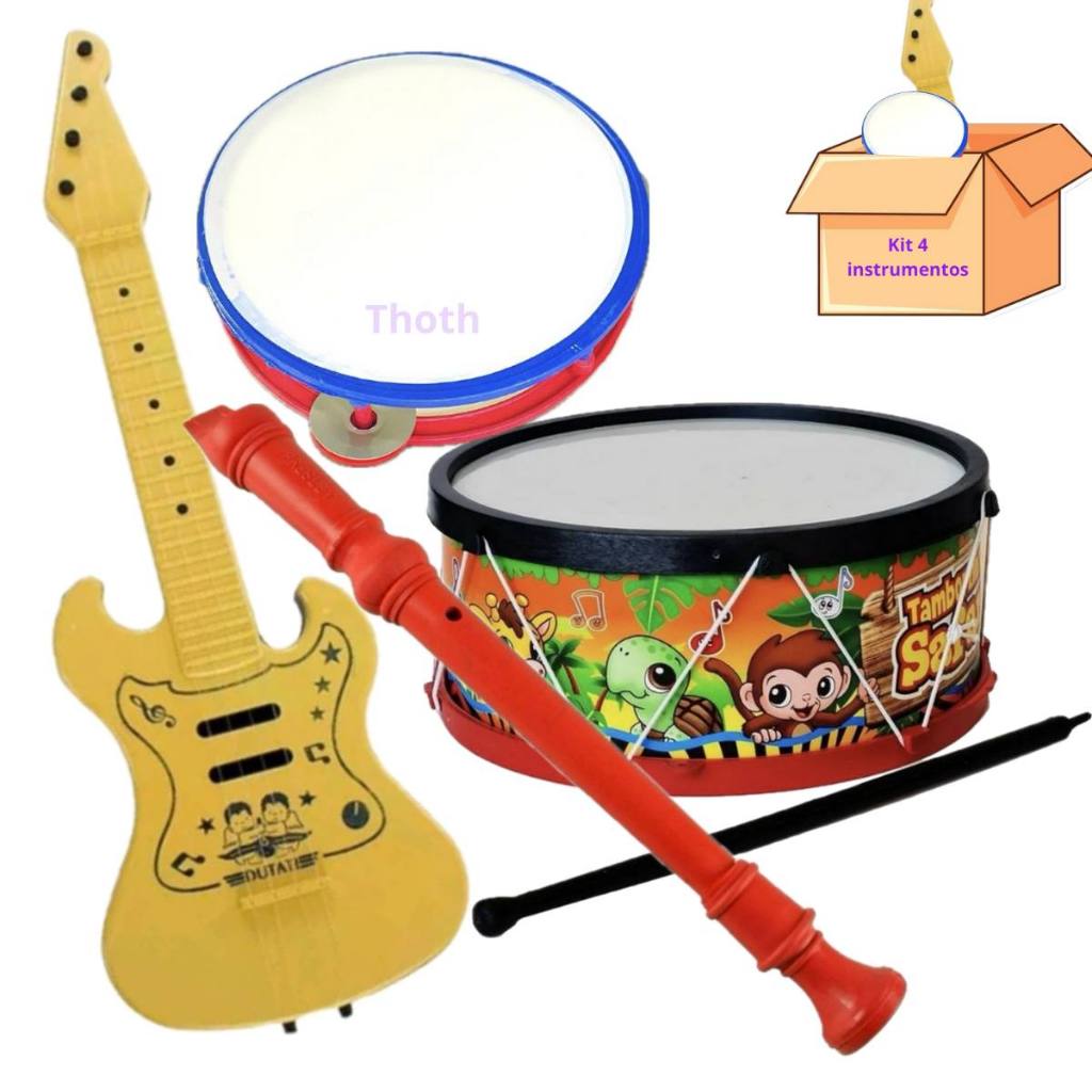 Kit Tambor Infantil Pandeiro Guitarra Flauta 4 Instrumentos Musicais Menina Menino | Shopee Brasil
