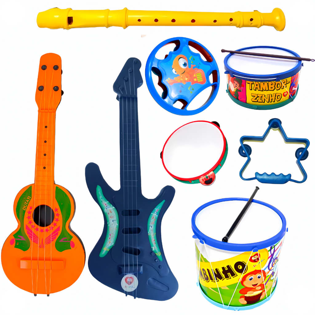 Kit 8 Instrumentos Violão Pandeiro Pandeirola Flauta Tamborzinho Brinquedo Musical Infantil 3 ...